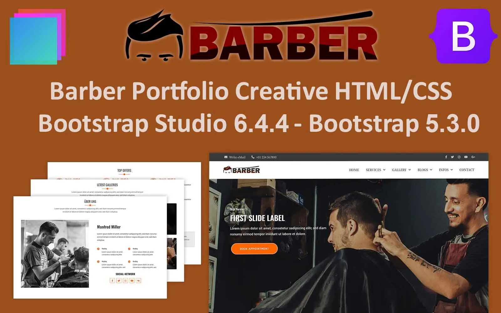 Barber Portfolio Creative HTML/CSS - Incl. Bootstrap Studio v6.4.4 ...